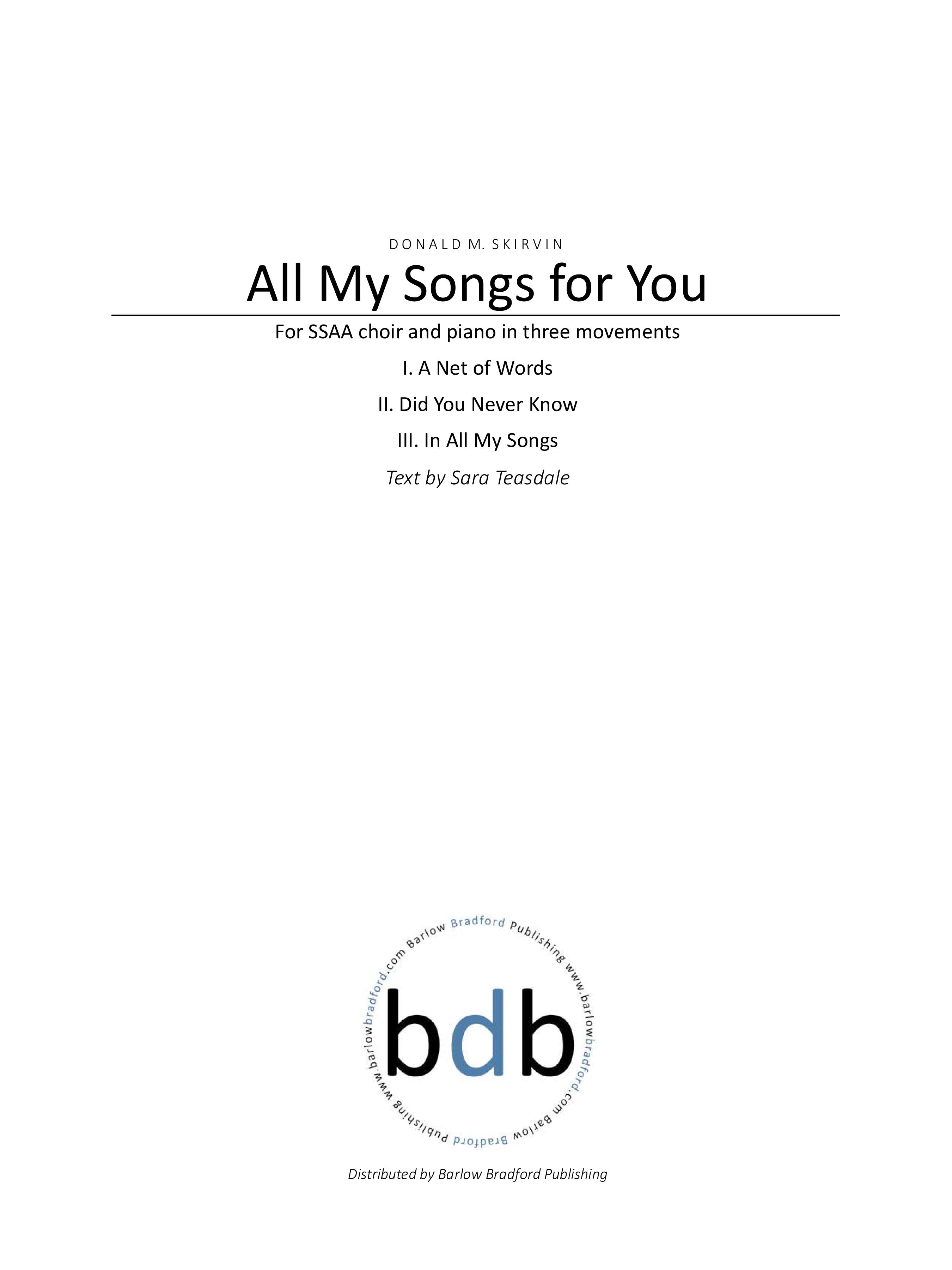 All My Songs For You – Barlow Bradford Publishing